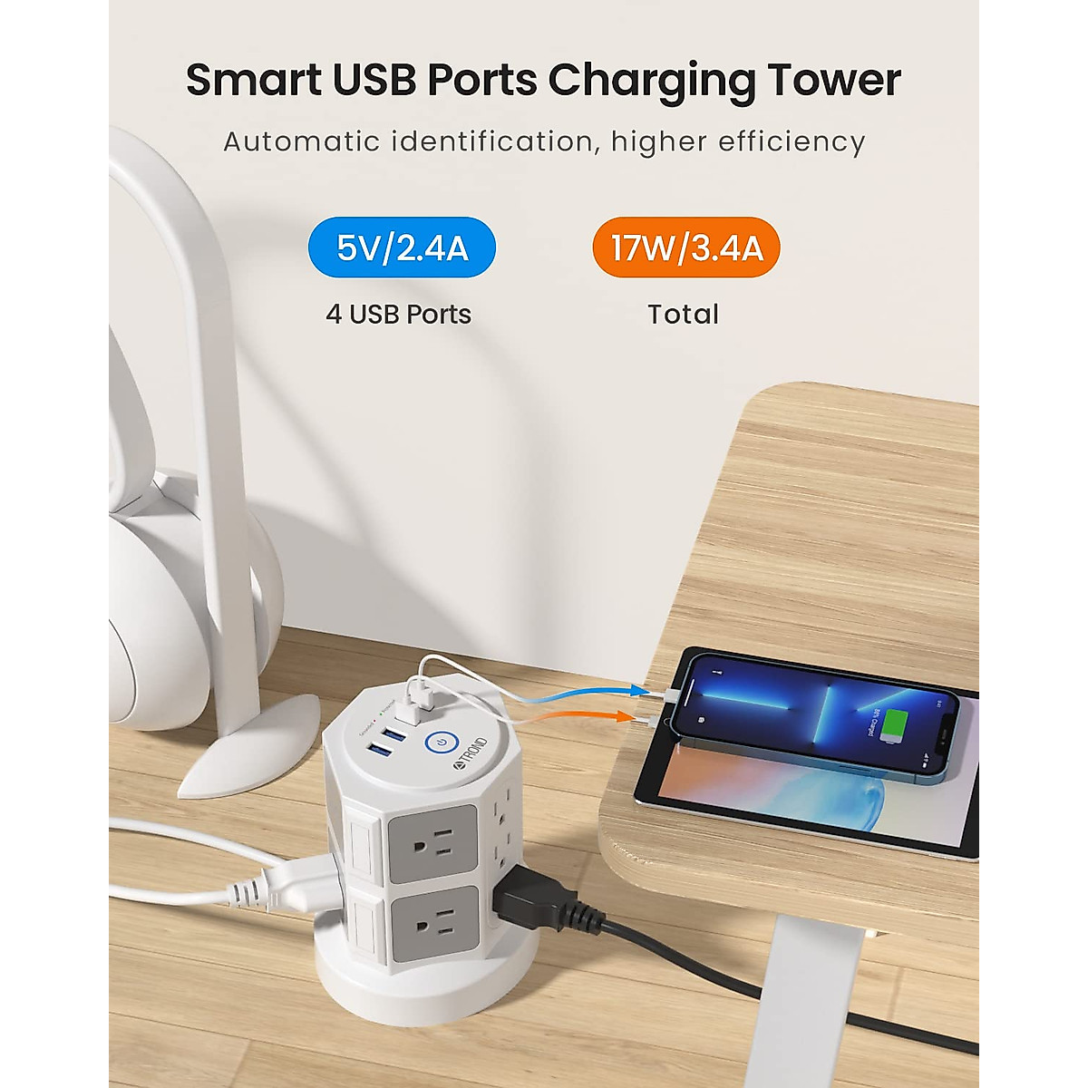 TROND Surge Protector Power Strip Tower, 14 Widely Spaced Outlets 4 USB Chargers, 6ft Extension Cord with Multiple Outlets, Flat Plug, 2100J, Overload Protection for Home Office Desk, Dorm Essentials