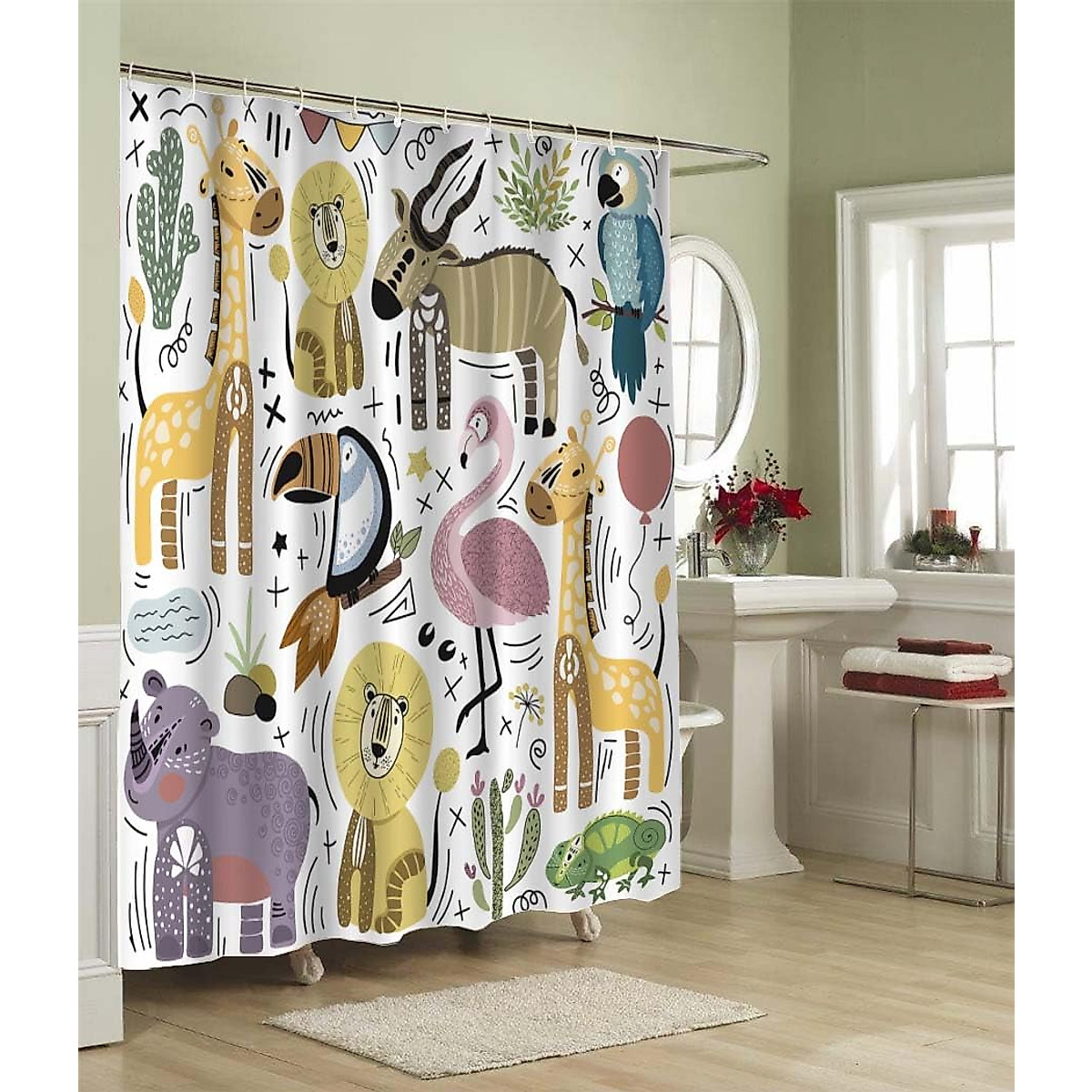 oFloral Cute Stylized Animals X-Long Shower Curtains for Bathroom Sets Chameleon Flamingo Giraffe Book Lion Lizard Rhino Polyester Shower Curtain with Hooks 72 x 84 Inch