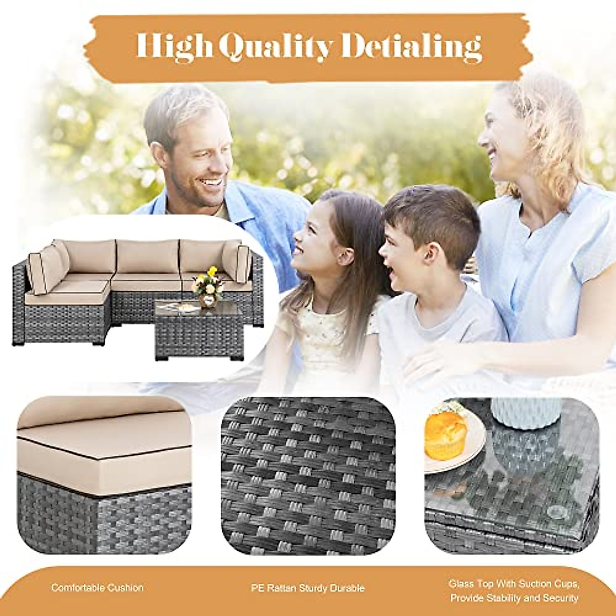 JAMFLY 5 Pieces Patio Furniture Sets, Wicker Outdoor Sectional Furniture with Glass Table and Cushions, Rattan Patio Conversation Sets for Garden, Poolside, Backyard(Khaki)