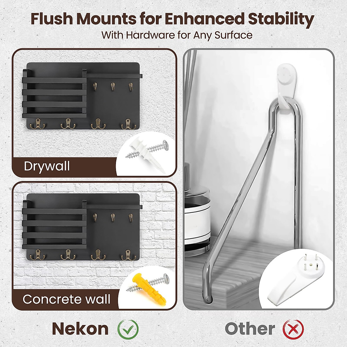 Nekon Mail Holder for Wall Mail Organizer with Key Hooks Hallway Farmhouse Decor Letter Sorter Made of Natural Pine with Floating Shelf and Flush Mount Hardware (16.8Inch x 10Inch x 3.2Inch) (Black)