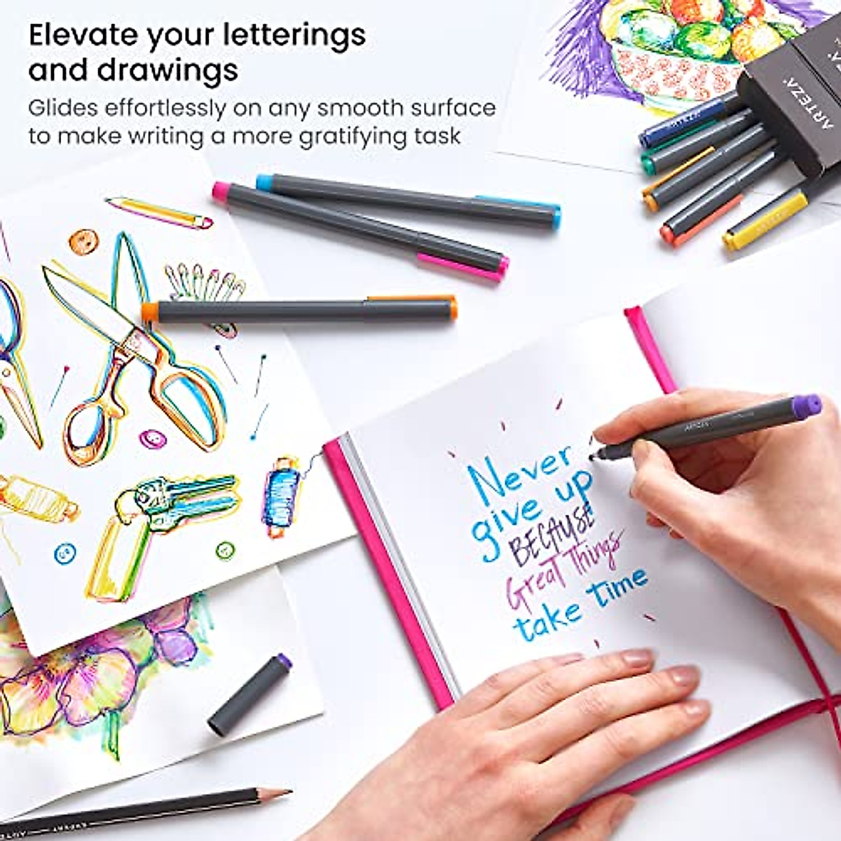 ARTEZA Felt Tip Pens, Set of 12 Bright Brush Tip Calligraphy Pens for Note Taking, Sketching, Cross-Hatching, and Outlining, Dye-Based Ink, Smear-Free