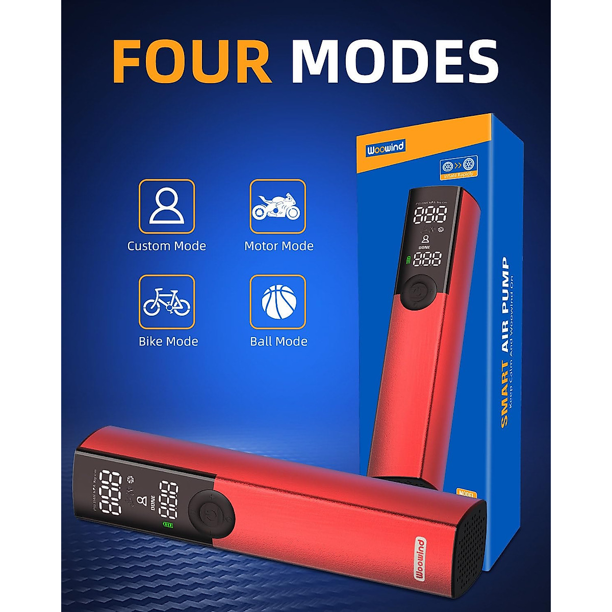 Bike Pump, The Pro Electric Bicycle Pump - Woowind BP188 Tire Inflator Portable Air Compressor with Schrader, Presta and Dunlop Valve Adapters - 150PSI (Red)