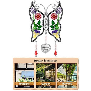 KY&BOSAM Butterfly Suncatcher Stained Glass Hangings for Windows My Precious Sister Sun Catcher Pressed Real Flower Wing in Glass Dream Catchers Birthday Mother`s Day Wind Chimes Charm
