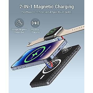 LATIMERIA Magnetic Wireless Power Bank, 10000mAh Portable Charger, 2 in 1 Mag-Safe Battery Pack with Kickstand, Only Compatible with iPhone 15/14/13/12 Series, Apple Watch Ultra/8/7/6/SE/5/4/3/2/1