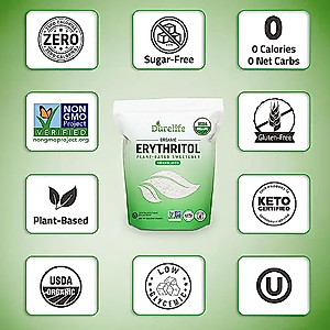 Durelife USDA organic erythritol sweetener, non gmo verified, Keto certified, No After Taste, Kosher, Zero Calorie Plant-Based Sugar Alternative (1, 5 LB (80 oz))
