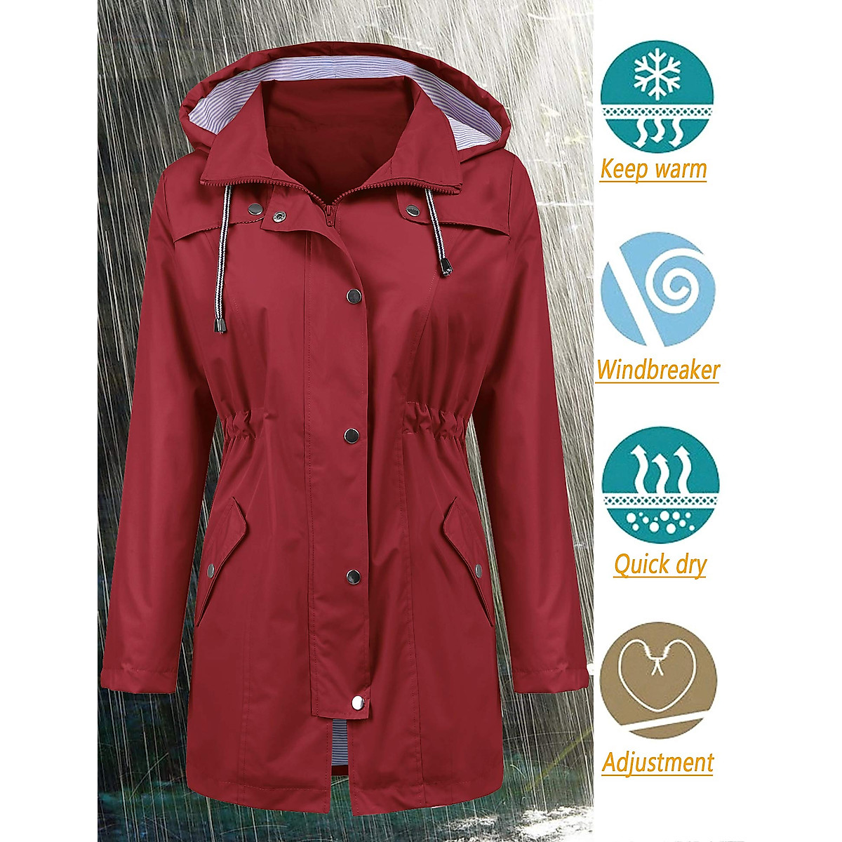 LOMON Raincoat Women Waterproof Long Hooded Trench Coats Lined Windbreaker Travel Jacket Wine Red XL
