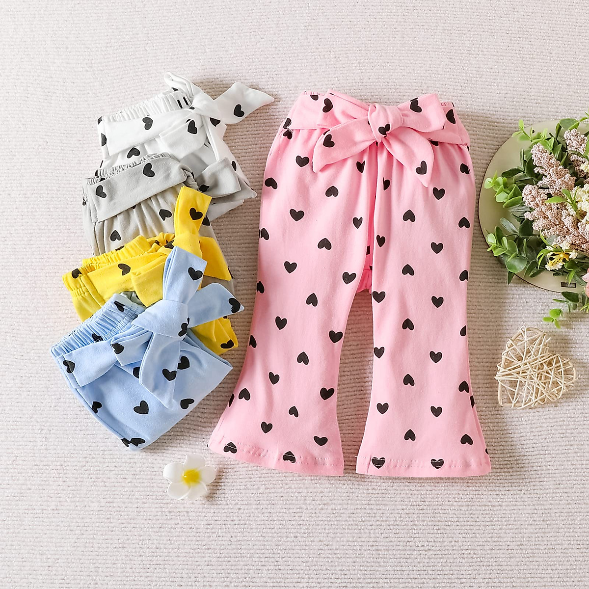 U·nikaka Toddler Baby Pants Leggings for Girl 5-Pack with Belt Heart Print Cotton in Grey White Blue Orange and Pink 18 Months