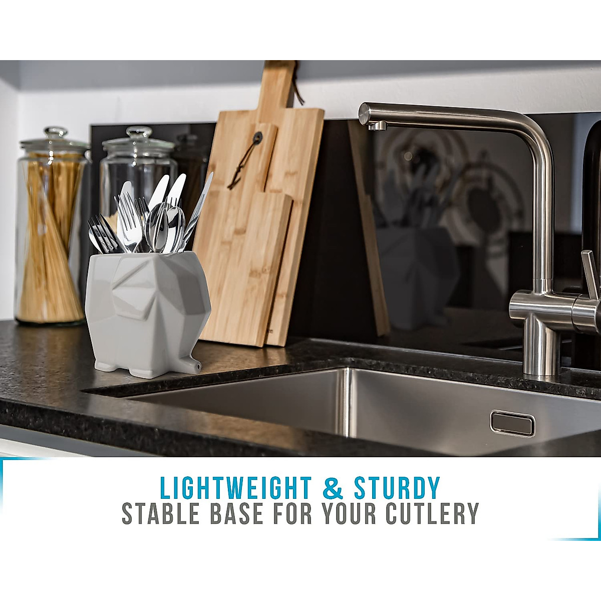 Novelty "Elephant" Cutlery Holder & Drainer for your Kitchen Sink - Multifunctional & Decorative Silverware Organizer, Utensil Caddy or Toothbrush Holder Made of Premium Ceramic - Grey