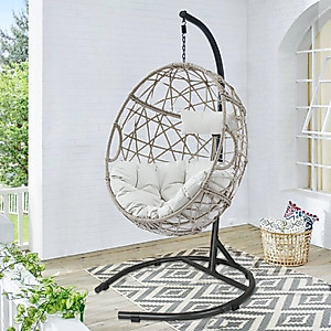 Ulax Furniture Egg Chair, Hanging Swing Chair with Stand, Outdoor Patio Wicker Tear Drop Hammock Chair with Cushion (Beige)