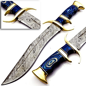 Skokie Knives Damascus Steel Kukari Knife With Blue Pakka Wood h & Brass Guard –15” Handmade Premium Quality Sharp Edge Fix Blade -Genuine Multipurpose Knife Ideal for Hunting, Camping (Kukri Blue)