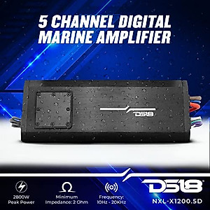 DS18 NXL-X1200.5D 5 Channel Marine Amplifier - Compact Class D Full-Range IP67 Waterproof Amp 2 Ohms 500x1 RMS 2800 Watts Great for Boats, Motorsports, Motorcycles, and All Elements Applications