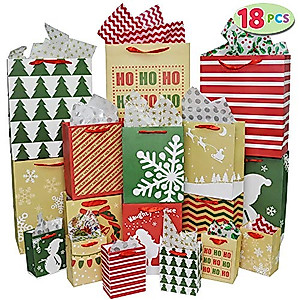JOYIN 18 PCS Christmas Premium Holiday Gift Bags Assorted Sizes Creamy Kraft Style Prints (Small 5.5 Medium 9” Large 13”) for Xmas Party Favors Decoration, Holiday Present Wrap Décor