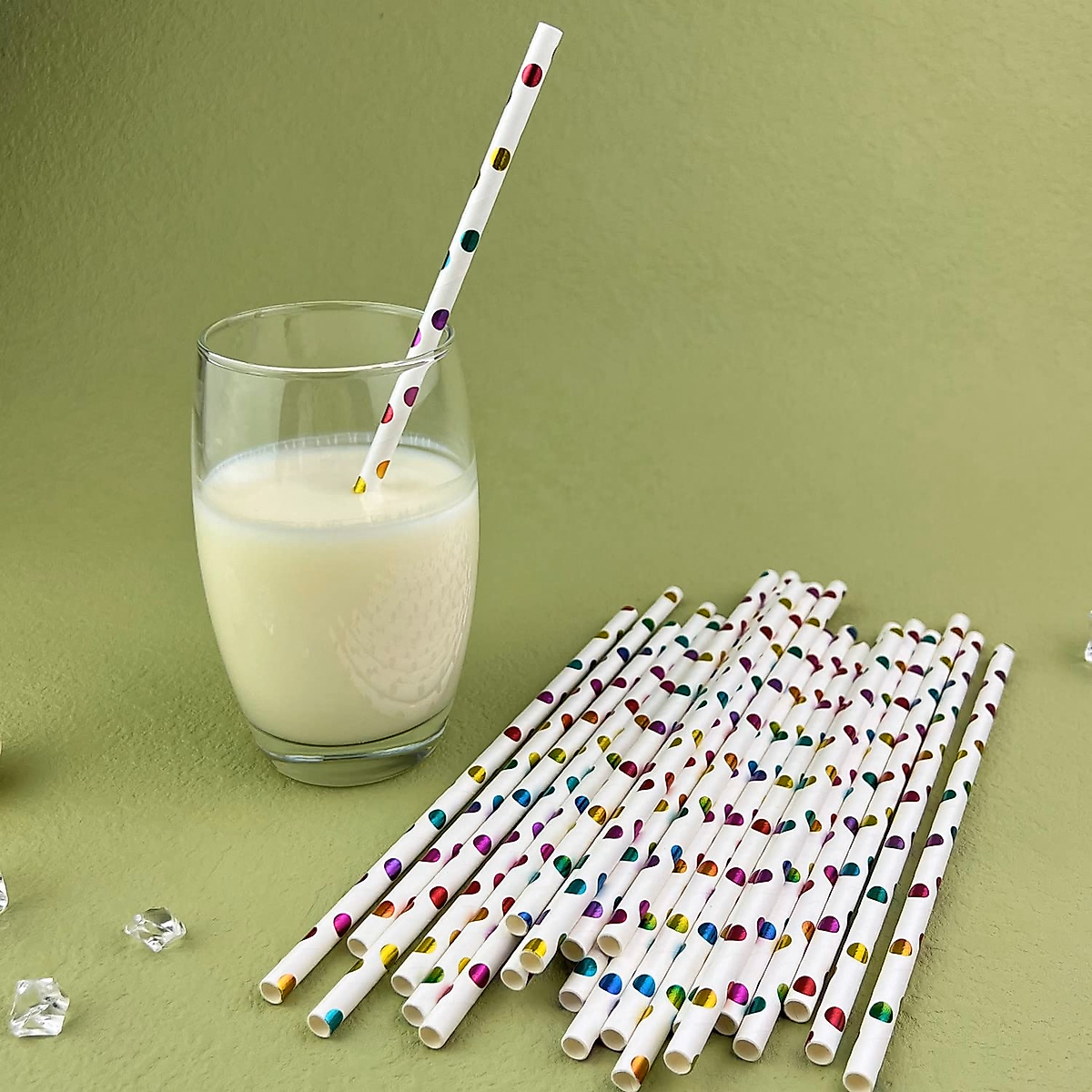 100 pcs Rainbow Foil Polka Dot and Star Paper Straws, Colorful Metallic Shiny Blue Green Gold Red Pink Party Drinking Straws Bulk, Kids Wedding Holiday Birthday Cake Pop Sticks (Mixed 2 Styles)