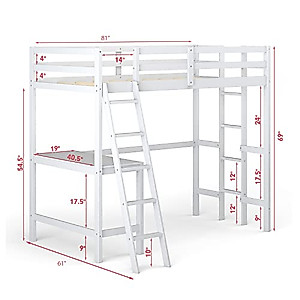 KOMFOTT Twin Loft Bed with Desk, Solid Wood Loft Bed Frame with 2 Ladders, Safety Guardrail for Teenagers and Adults, Space-Saving Loft Bed with Wooden Slats Support, No Box Spring Needed (White)