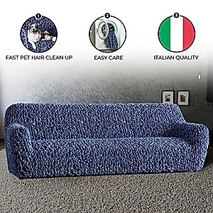 PAULATO BY GA.I.CO Sofa Slipcover - Stretch Sofa Cover - 4 Seater Couch Protector Cover for Pets and Kids - Shiny Soft Velvet Couch Slip Cover - Easy to Clean Sofa Slipcovers - Fuco Velvet - Navy Blue