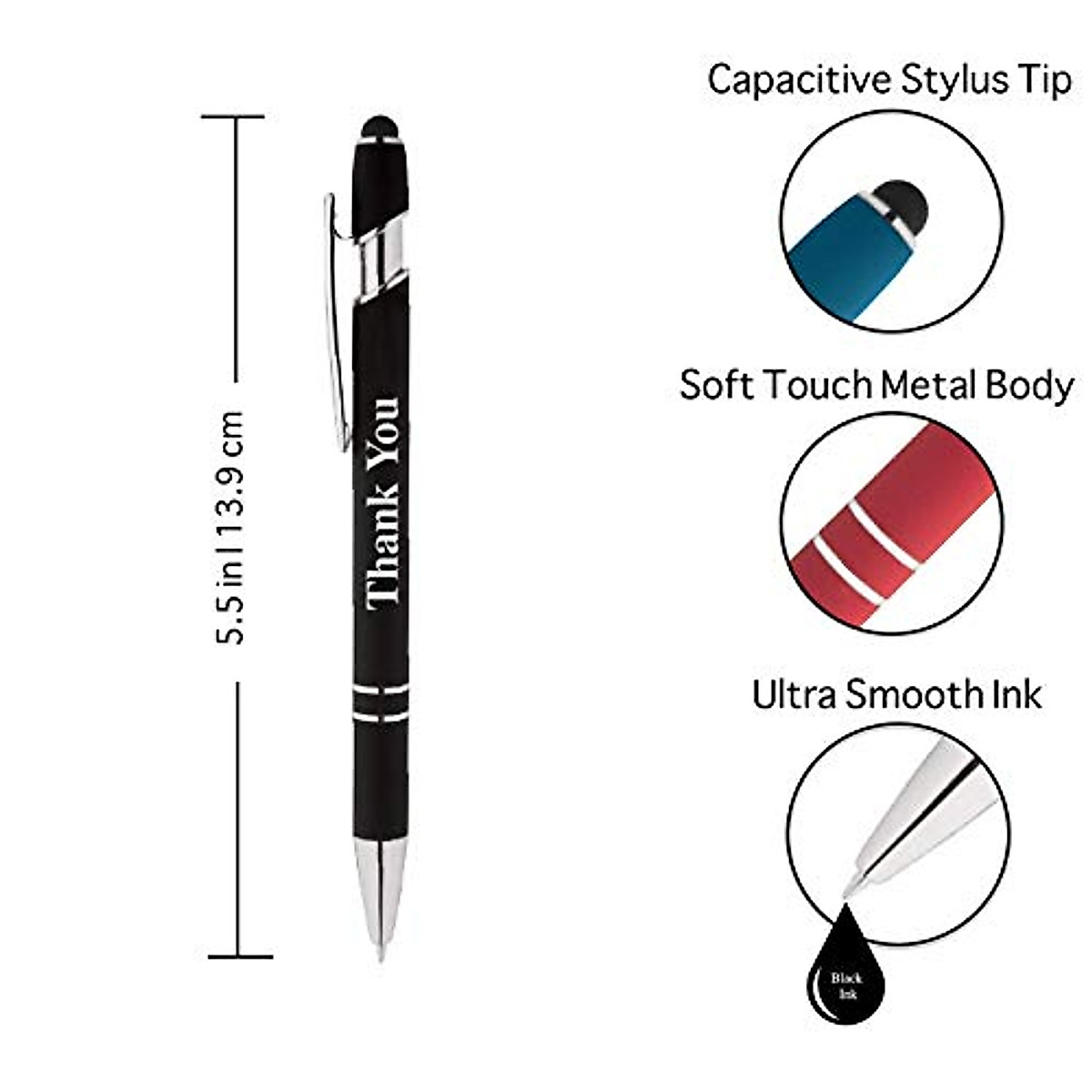 "Thank You" Premium Gift Stylus Pens Gift Set - 2 Pack of Soft Touch Metal Pens w/gift box - 2 in 1 Combo Pen for Events, Employee Appreciation & More (Black - Lt Blue)