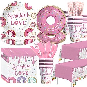 Suhelkit Donut Baby Sprinkle Decorations Tableware Girl - Sprinkled with Love Baby Shower Party Supplies, Paper Plate, Napkin, Cup, Tablecloth, Cutlery, Pink Donut Baby Shower Decorations | 24 Guests