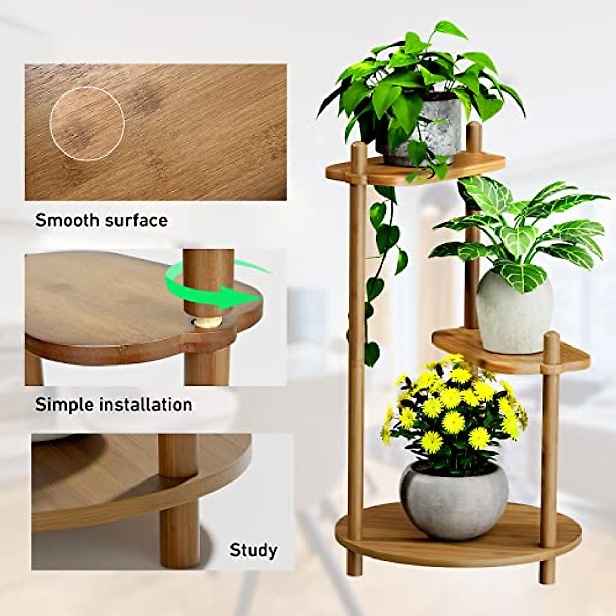 Enisudo Plant Stand Indoor Plant Stands Wood Outdoor Tiered Plant Shelf for Multiple Plants 3 Tiers 3 Potted Ladder Plant Holder Table Plant Pot Stand for Window Garden Balcony Living Room Gifts for Women