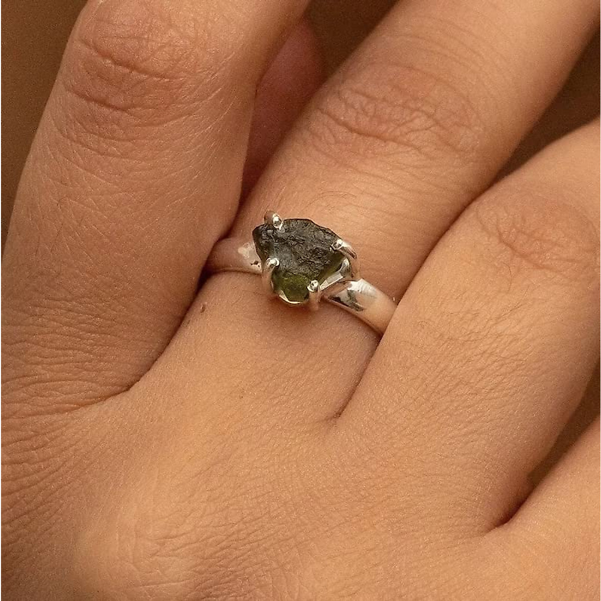 Natural Moldavite Rough Ring 925 Sterling Silver Handmade Jewelry With Certified Gemstone From Czech Republic By CrownJewelry (7.5)