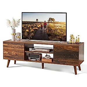 WLIVE TV Stand for 55 60 inch TV, Mid Century Modern TV Console, Entertainment Center with Storage for Living Room, Retro Brown