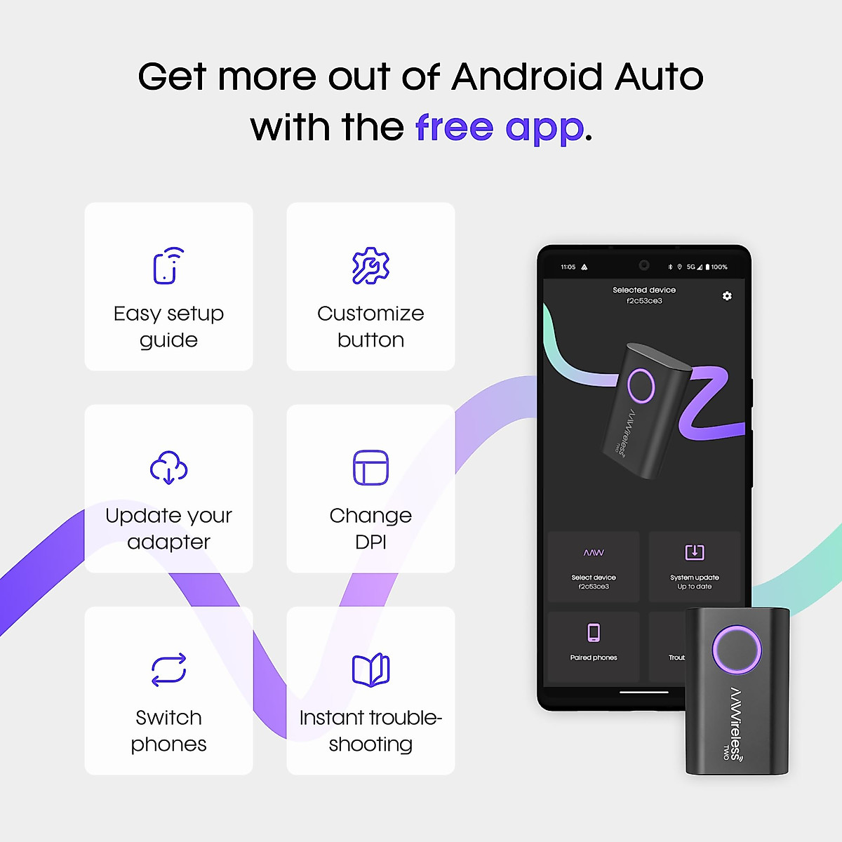 AAWireless Two - Android Auto Wireless Adapter - Convert Factory Wired Android Auto to Wireless - Multifunctional Button - Easy Plug and Play Setup - Seamlessly Connect Via Bluetooth - Made in Europe