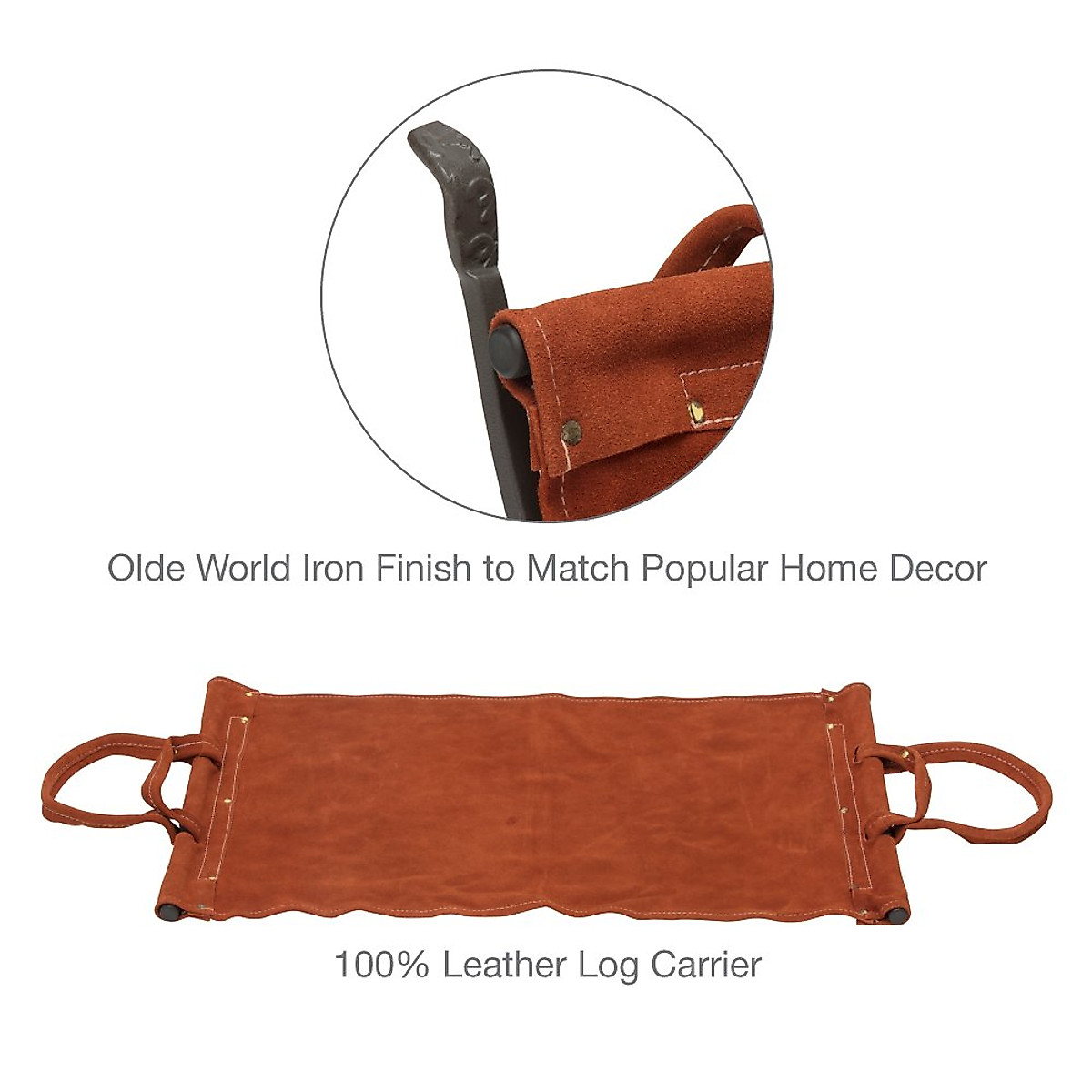Uniflame Olde World Iron Firewood Log Holder with Suede Leather Carrier