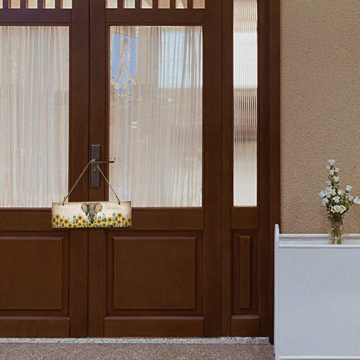 Wooden Signs 11" x 4", Retro Sunflower Sign Home Decor Wood Plaque Hanging Wall Art, Decorative Door Garden Sign with Rope, Wild Anima Elephant with Blooming Sunflowers