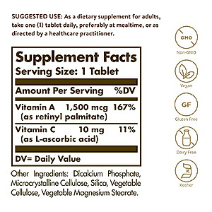Solgar Dry Vitamin A 1500 mcg (5000 IU), 100 Tablets - Supports Healthy Eyes, Skin & Immune System - Non-GMO, Vegan, Gluten Free, Dairy Free, Kosher - 100 Servings