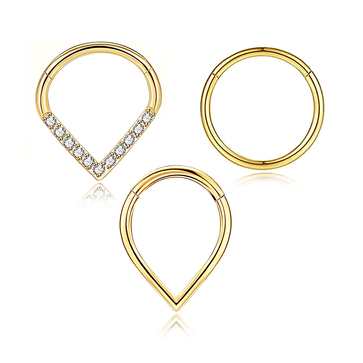 MeiziQL 3Pcs Septum Rings 16G Teardrop Septum ring 316L Surgical Steel Daith Conch Rook Tragus Cartilage Earrings Hypoallergenic Piercing Jewelry for Women Men 8mm (CZ Teardrop Gold)