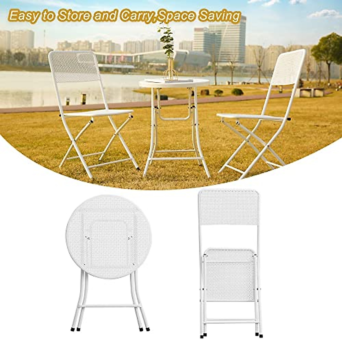 3-Piece Patio Bistro Dining Furniture Set, 2 Folding Chairs 1 Folding Table, Steel Frame, for Garden Porch Balcony (Color : White)