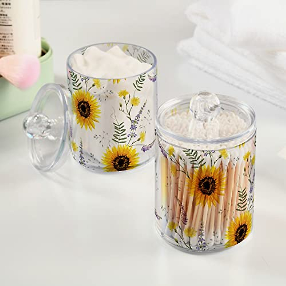 Kigai 2 Pack Apothecary Jars Sunflower Floral White Qtip Holder Organizer Clear Airtight Container for Cotton Swabs Food Storage 14oz Plastic Jars with Lids