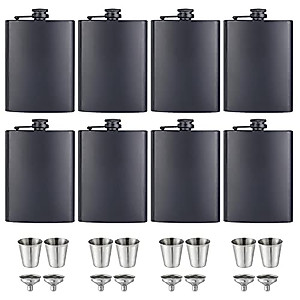 8 Pack Hip Flasks for Liquor Matte Black 8 Oz Stainless Steel Leak-proof Thin Flasks with 8pcs Funnels and Cups for Wedding Party, Groomsman, Bridesmaid, Gift