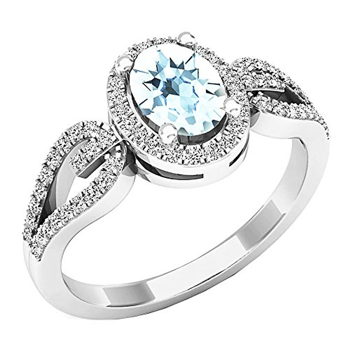 Dazzlingrock Collection Sterling Silver 7X5 MM Oval Aquamarine & Round White Diamond Bridal Halo Engagement Ring, Size 9