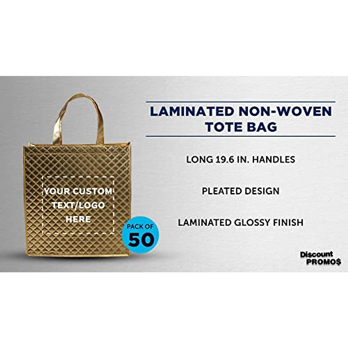DISCOUNT PROMOS Custom Luxurious Laminated Tote Bags Set of 50, Personalized Bulk Pack - Reusable, Great for Shopping, Beach, Wedding Favors - Gold