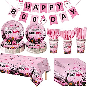 Halloween Happy Boo Day Baby Shower Party Decorations,Pink Ghost Pumpkin Disposable Tableware Paper Plates Napkins Cups Tablecloth Banner for Girl Halloween Birthday Baby Shower Party Supplies,Serve25
