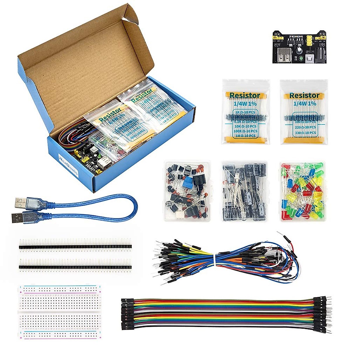 REXQualis Electronics Basic Kit w/Power Supply Module, Breadboard, Jumper Wire, LED,Resistor, comes with more than 300pcs sensors and components for fun and simple electronic projects.
