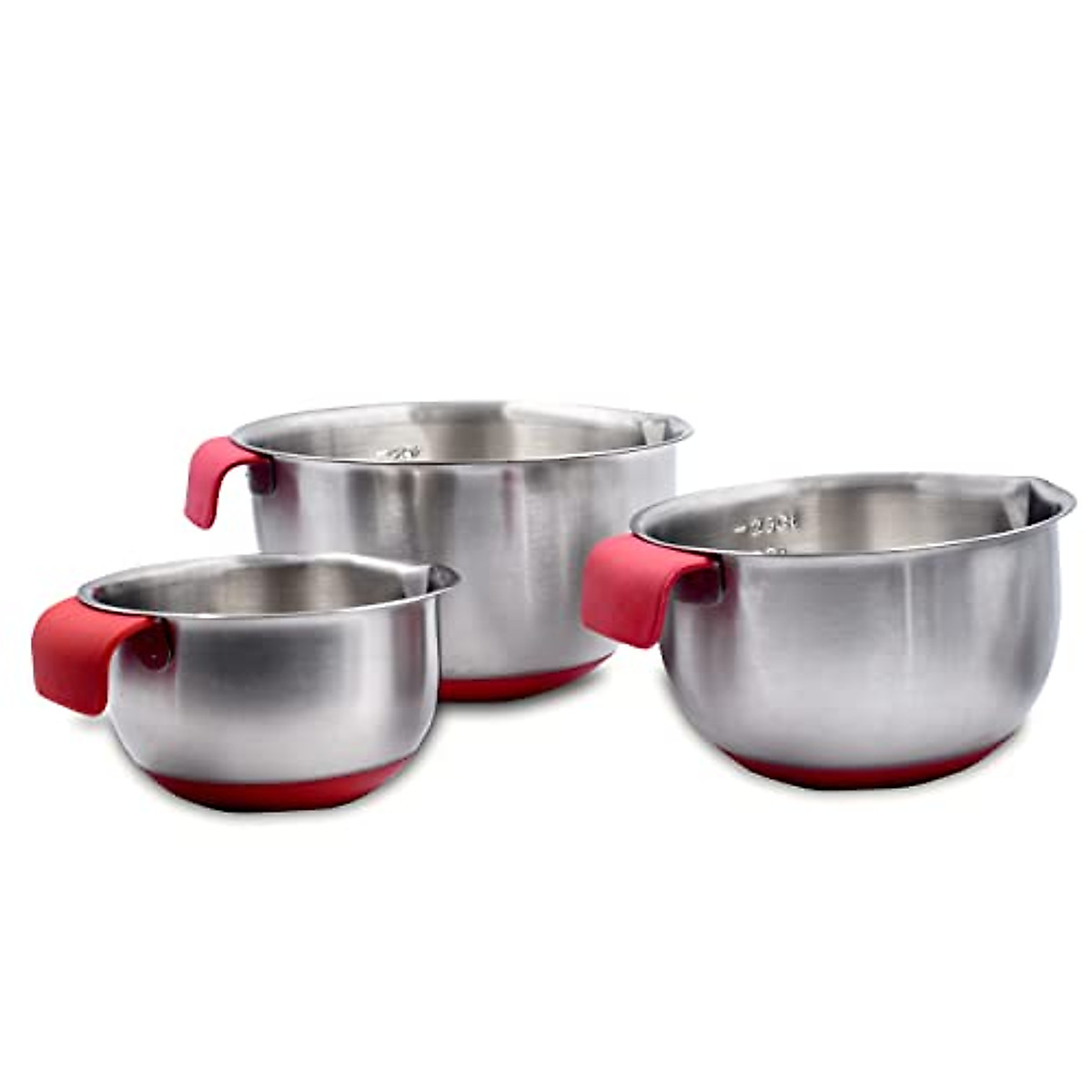 Kansara Stainless Steel Mixing Bowls, Non slip silicone base bowls with Handle, Mixing Bowl Set with Pour Spouts & Measurement Marks, Home Essentials Cooking Bowls (Size: 1QT, 2.5QT, 4QT) Red Color