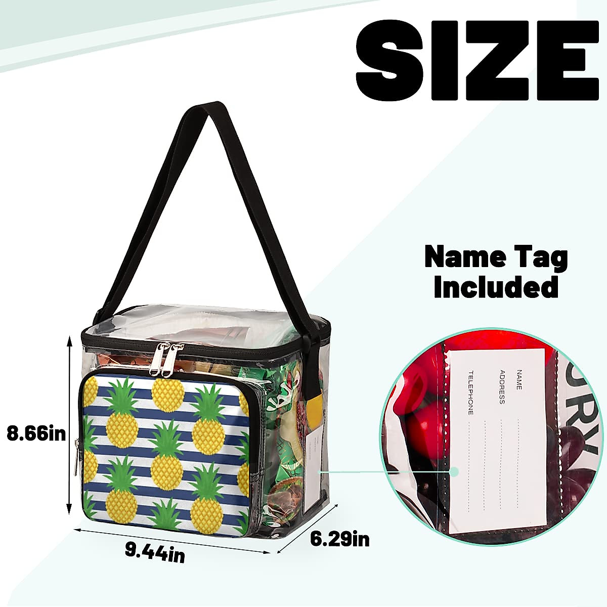 bisibuy Pineapple Striped Background Clear Lunch Bag Stadium Approved PVC Plastic See Through Lunch box with Adjustable Strap for Sports Events Concerts Office
