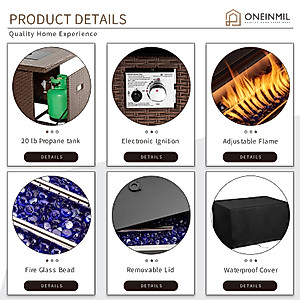 oneinmil 44" Outdoor Fire Pit Table, CSA Certification 50,000 BTU Propan Fire Pit Table with Auto-Ignition, Patio Wicker Firepit with Oxford Cover, Grey