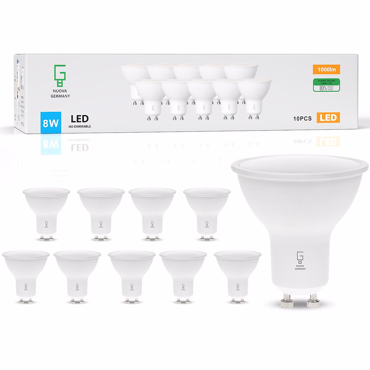 NUOVA GERMANY GU10 LED Light Bulbs, 100W Halogen Equivalent, 980 Lumens Bulb Replacement for Recessed Track Lighting, 8W Low consumption 120° Beam angle 110V AC Non Dimmable,10 Pack (3000K Warm Light)