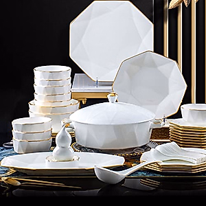 MBBJM 58 Heads Ceramic Dinner Dish Rice Bowl Soup Salad Noodles Bowl Plate Dinnerware Set (Tableware 1 Set And 1 Pot)