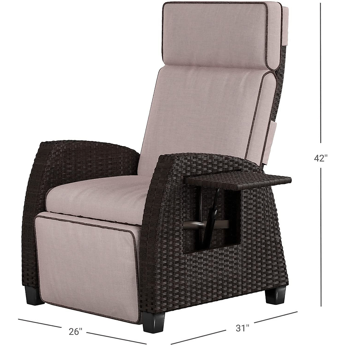 Grand patio Outdoor Recliner Moor Lay Flat Recliner with Flip Table Push Back Wicker Reclining Lounge Chair Flax