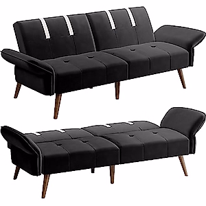 Shintenchi Futon Sofa Bed Modern Folding Sleeper Couch Bed for Living Room,Velvet Loveseat Sofa Couch Sofa cama for Apartments Office Small Spaces,w/Adjustable Armrests Backrest,Black
