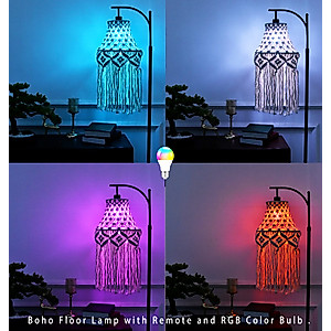 QIYIZM Boho Floor Lamp for Living Room Bedroom,Bohemian Standing Lamp with Control and Dimmable RGB Bulb,Farmhouse Adjustable Floor Light,Macrame Fringe Lamp Shades,Modern Arc Tall Lamp（Colorful Bulb）
