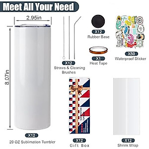 GRAUERHUND 12 Pack 20 oz Sublimation Tumblers Set Skinny Straight Double Walled Stainless Steel Blank Tumbler Bulk with Lid, Straw, DIY Stickers, Shrink Wrap, Rubber Base, Tape for Sublimate