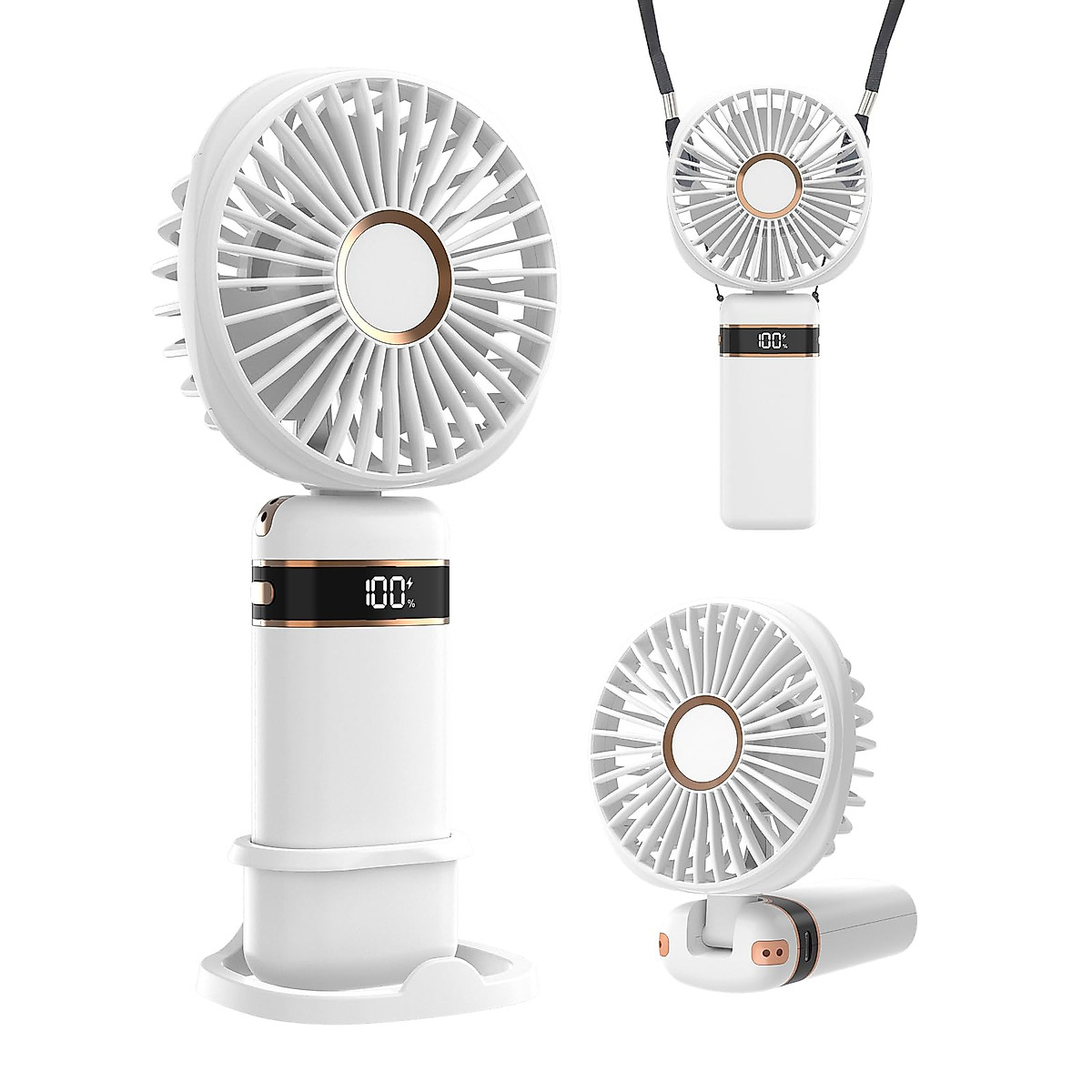 Sida-Earcy Portable Handheld Fan, Powerful Personal Fan with Base 5 Adjustable Speed USB Rechargeable Battery Operated Cooling for Women Girl Travel Office (White)