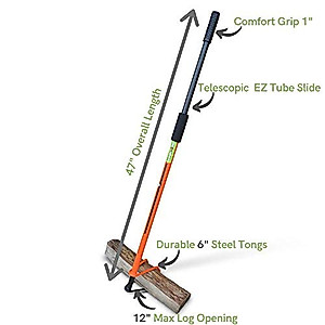 Firebuggz Fireplace Tools 47" Original Log Lugger Campfire Wood Placement Tool, Wood Turner Heavy Duty Metal Outdoor Campfire Accessories, Log Grabber Fire Tongs for Fire Pit, Made in USA