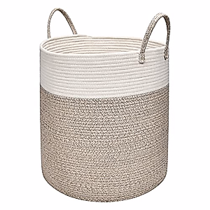 Large Cotton Rope Storage Basket - 18'' x 18'' x 20'' Woven Blanket Basket, 80L Baby Toys Basket, 100% Natural Cotton Laundry Hamper for Nursery Storage, Closet, Bedroom - White Brown