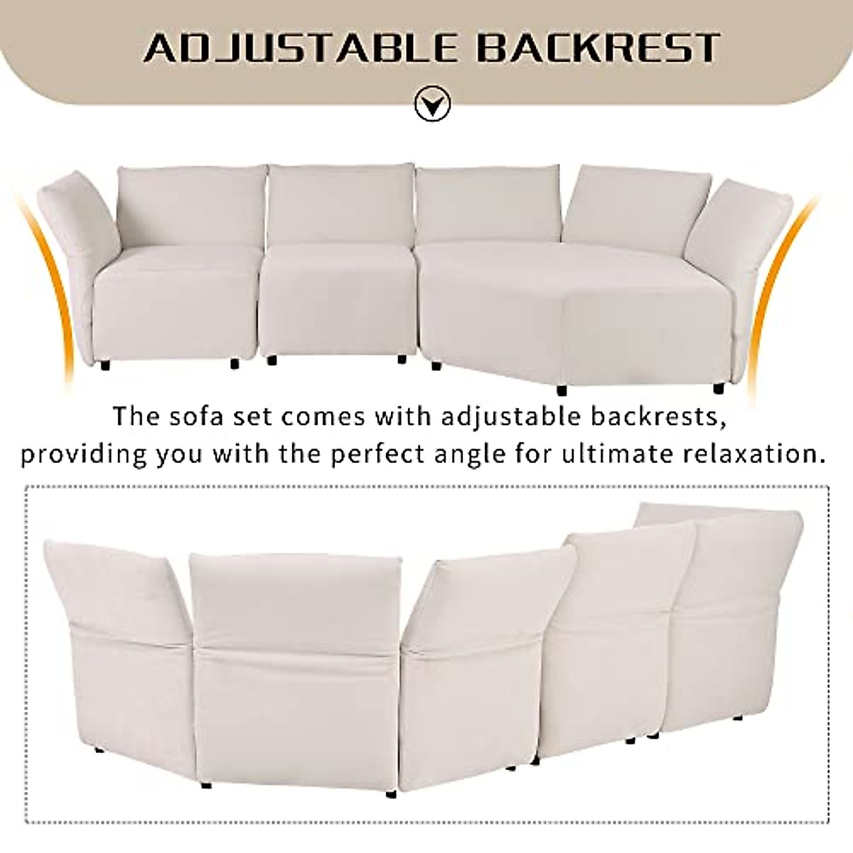 FULife Convertible Free Combination Curved Sofa Upholstered Deap Modular Sectional Couch with Adjustable Backrest,Modern DIY Luxury 4-Seat Leisure Corner Sofá for Living Room, Beige Polyester 106.3"w