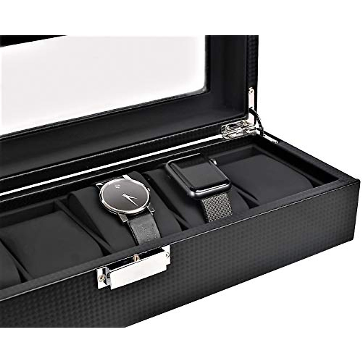 Mantello Watch Box for Men - 6 Slot Luxury Carbon Fiber Watch Case, Watch Box Organizer for Men, Gifts for Him, Metal Buckle - Black